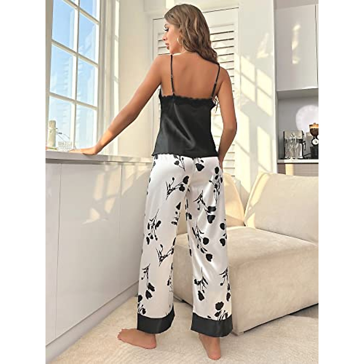 GORGLITTER Women's Silk Satin Pajamas Loungewear Two-Piece Sleepwear Lace Floral Pj Set Black and White Medium