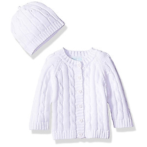 Baby Dove Cable Knit Cardigan & Beanie Set,White,3-6 Monthhs