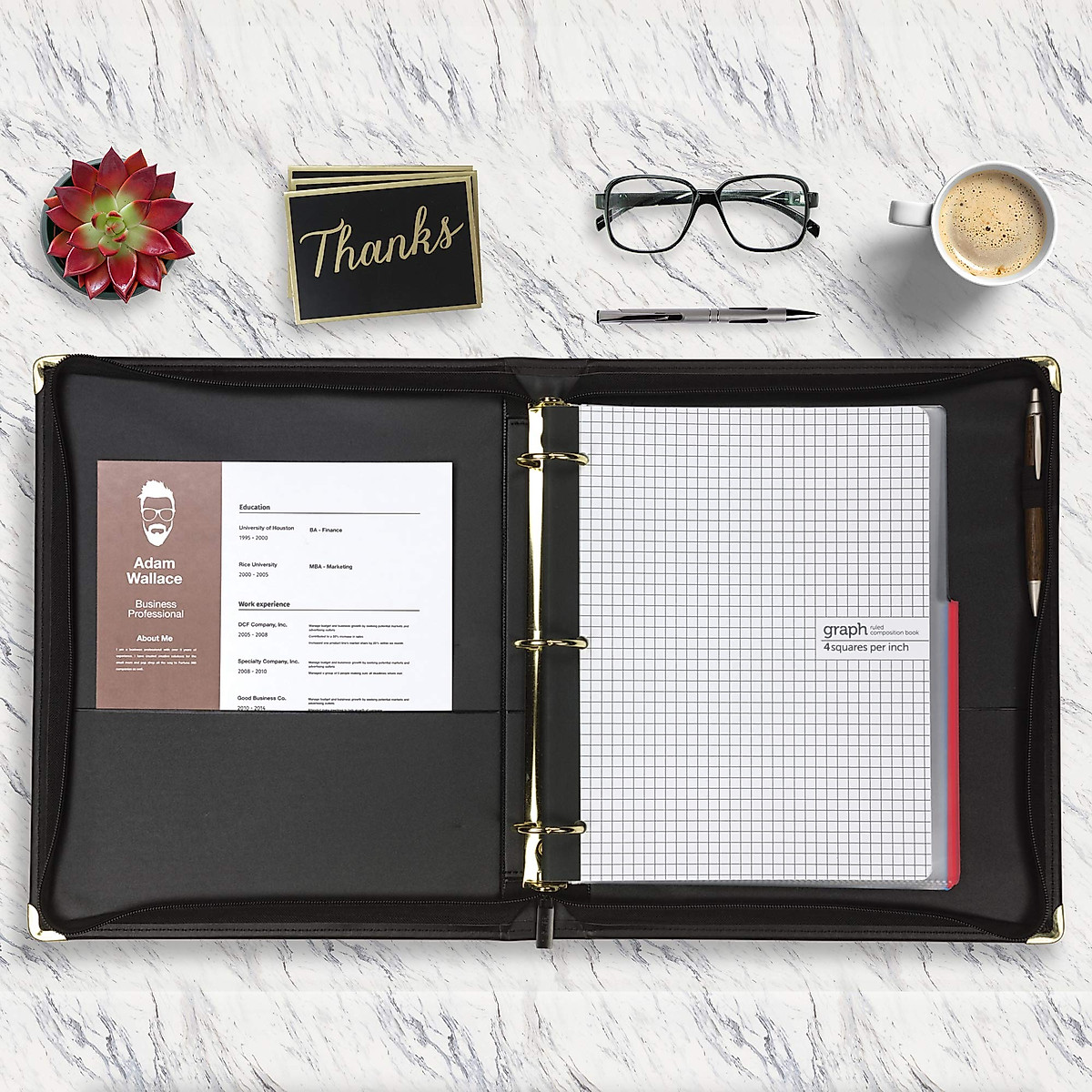 Samsill Classic Professional Binder, 3 Ring Binder with 1.5 Inch Brass Round Rings and Zipper Closure, Portfolio Binder, Brass Corner Accents, Black