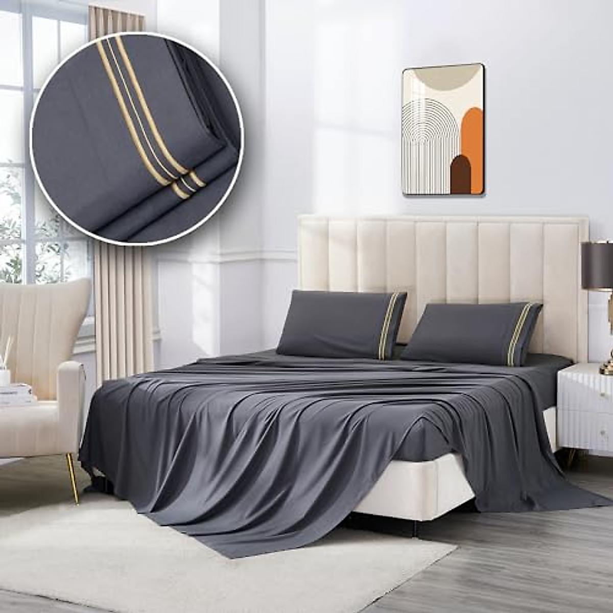 WODFAMY Microfiber Full Size Bed Sheet Set Extra Soft Deep Pockets Luxury Hotel Bed Sheets Breathable & Cooling Wrinkle Free 4 Piece Set Fulls Sheets Dark Grey&Gold