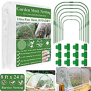 Garden Mesh Netting Kit, Plant Covers 8x24 Ft Ultra Fine Mesh Netting & 6Pcs Garden Hoops & 18 Clips for Vegetable Plants Fruits Flowers Crop Greenhouse Row Cover Birds Animals Barrier Protection Net