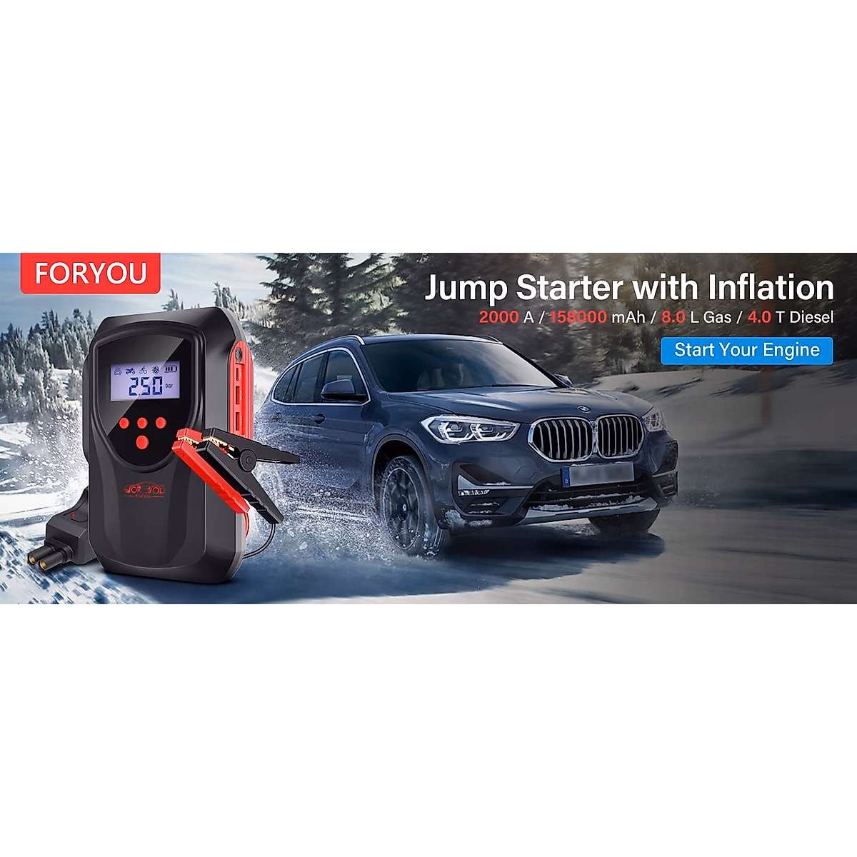 FORYOU Car Jump Starter with Air Compressor, 2000A 12-Volt Jumper Cables Jump Starter Box Car Battery Booster Pack (Up to 6-Liter Gasoline and 3-Liter Diesel Engines) Digital Screen(Black Red)