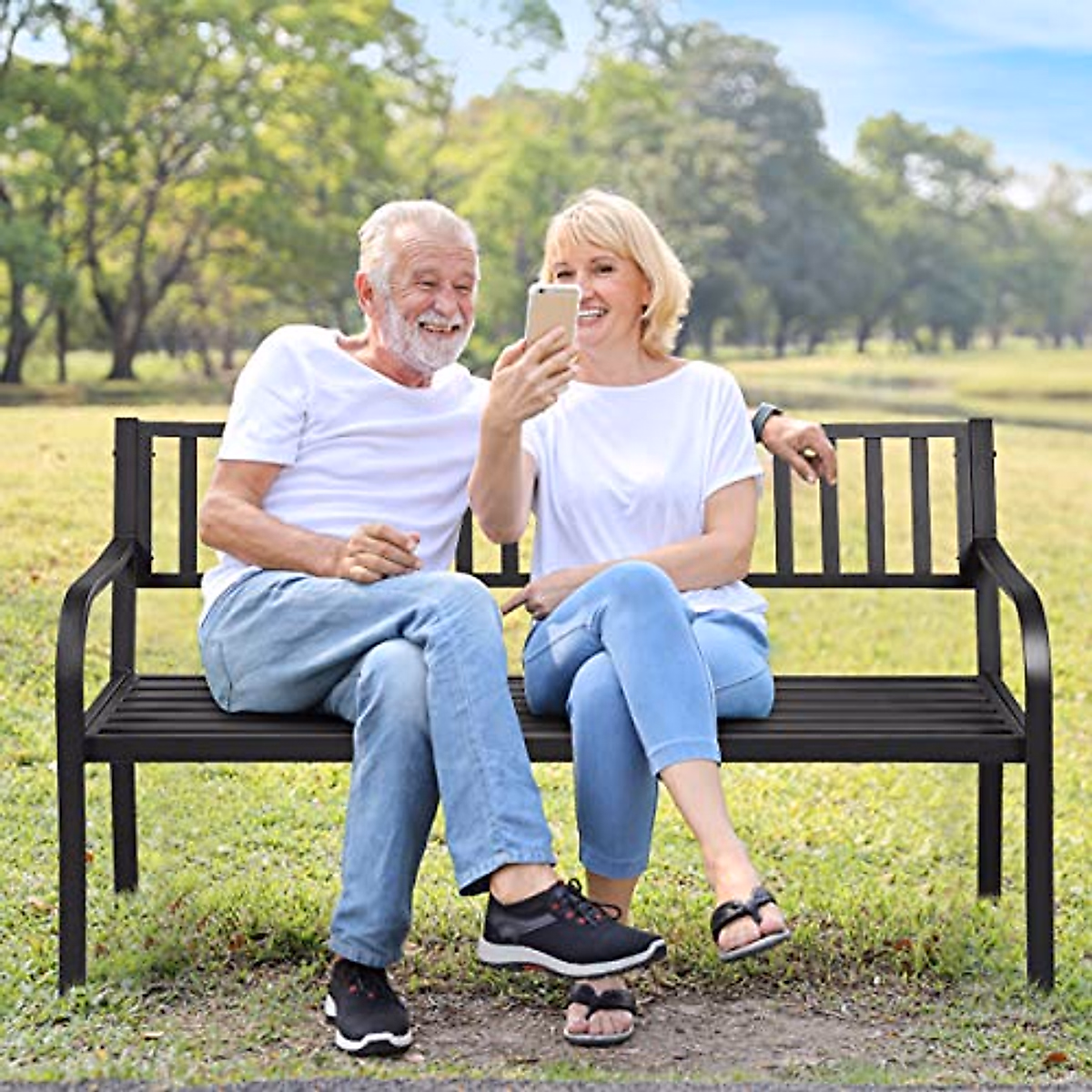 Tangkula Outdoor Garden Bench with Pullout Middle Table, Patio Park Steel Bench, Front Porch Bench, Pool Deck Bench, Outdoor Furniture Loveseat Chair for 2-3 Person, Ideal for Yard Lawn Entryway