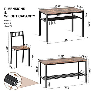 Bigbiglife Dining Table Set for 4, Kitchen Table with 2 Chairs and 1 Bench, Dining Table Set with 2 Storage Racks and 4 S-Hooks, Industrial Design for Small Space Home Kitchen, Rustic Brown