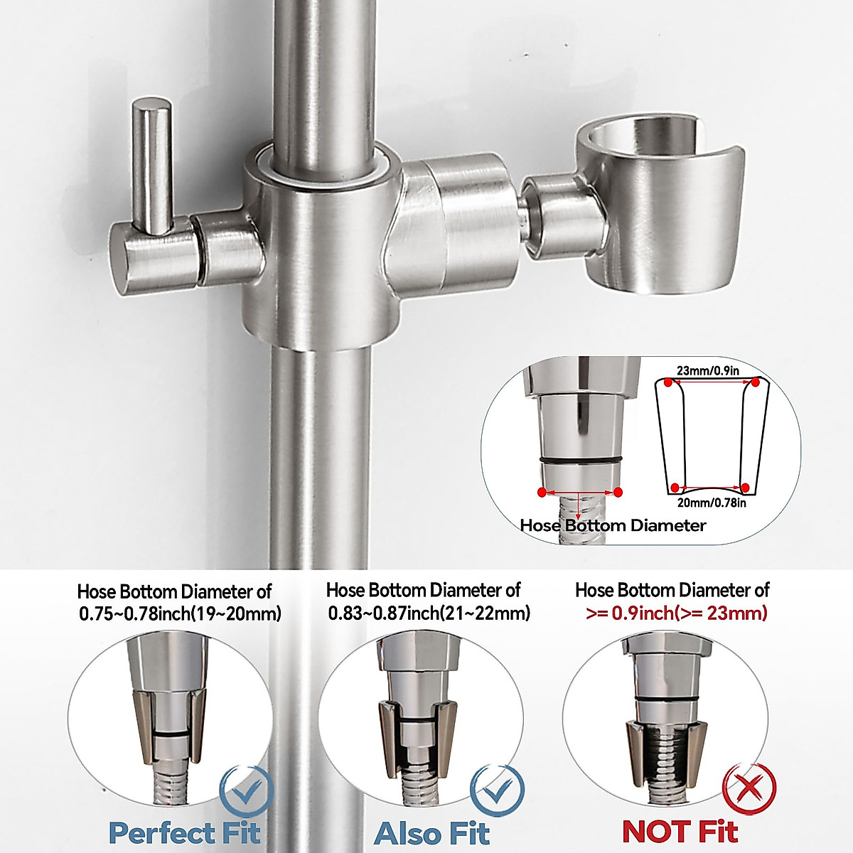 Shower Slide Bar Adjustable Handheld Shower Head Holder Wall Mount - 15inch All-Metal Shower Head Slide Bar Compatible with Bathroom Drill Free Glue Installation - Brushed