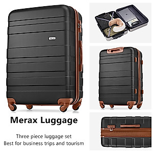 Merax 3 Piece Expandable ABS Hardshell Luggage Sets Spinner Wheel Suitcase TSA Lock Suit Case, Black/Brown, 20/24/28 Inch