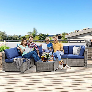 YITAHOME 7 Pieces Patio Furniture Set, Outdoor Sectional Sofa PE Rattan Wicker Conversation Set Outside Couch with Table and Cushions for Porch Lawn Garden Backyard(Gray+Blue)