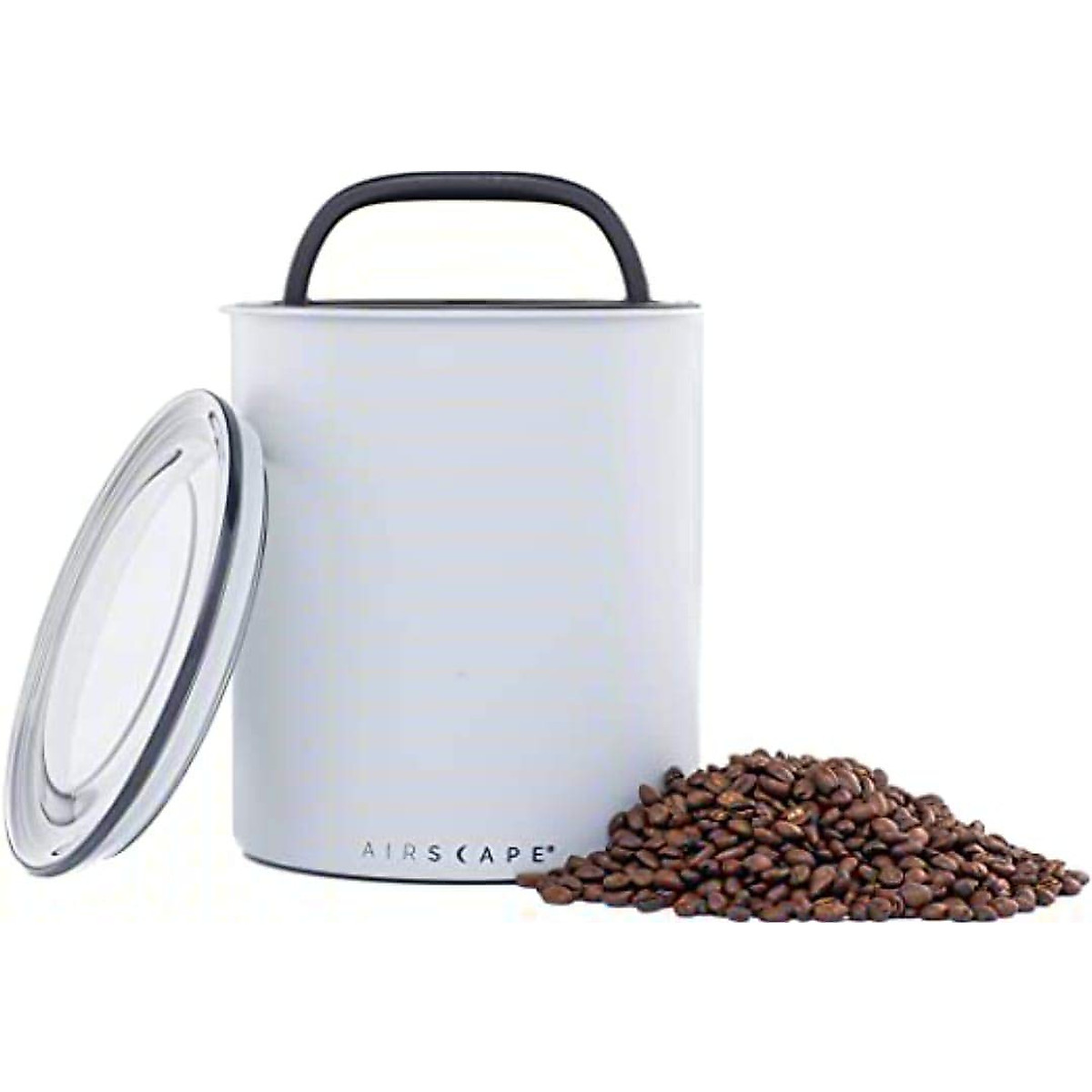 Planetary Design Airscape Stainless Steel Coffee Canister | Food Storage Container | Patented Airtight Lid | Push Out Excess Air Preserve Food Freshness (Medium, Matte White)