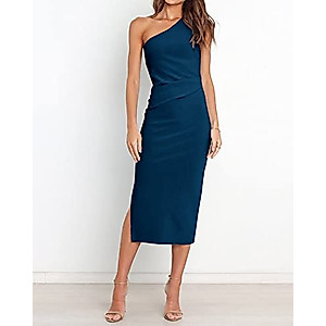 BTFBM Women One Shoulder Bodycon Dress 2023 Spring Summer Sleeveless Slit Midi Party Cocktail Wedding Guest Prom Dresses(Solid Dark Blue, Medium)
