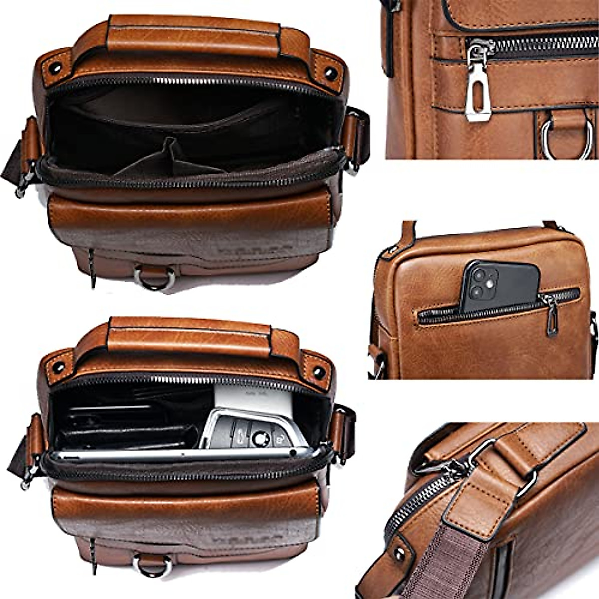 Messenger Bag for Men Crossbody Shoulder Purse Small Vintage PU Leather Satchel Pouch Side Crossover Handbag (Men Messenger Bag for Brown)