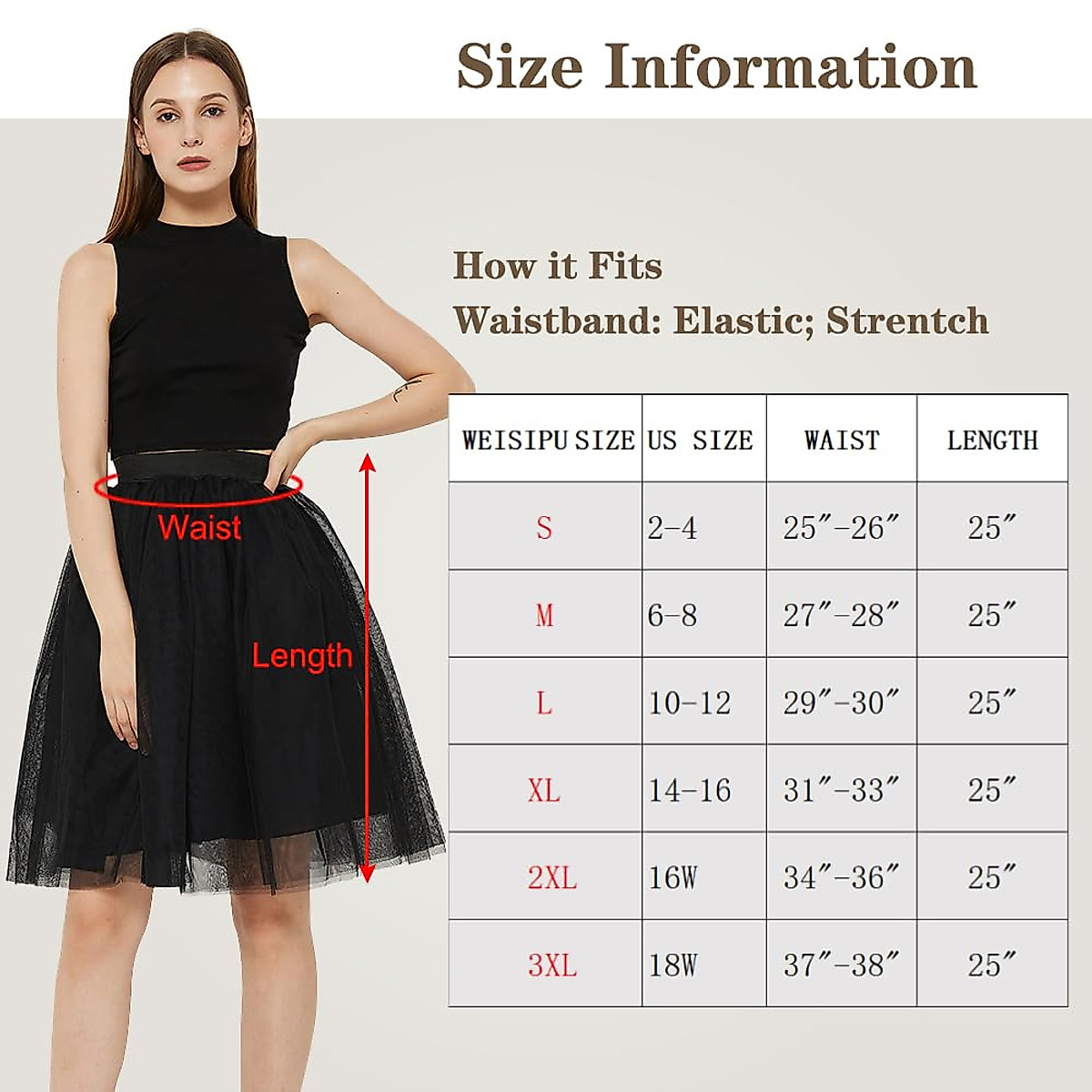 WEISIPU Women's 6 Layer Short A Line Elastic Waistband Tutu Tulle Prom Princess Midi Dance Skirt Black M