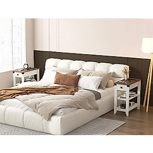 Fameill End Tables Living Room Set of 2, Narrow Side Table with Charging Station, Small Bedside Table for Small Space, Skinny Nightstand with Storage Drawer, White