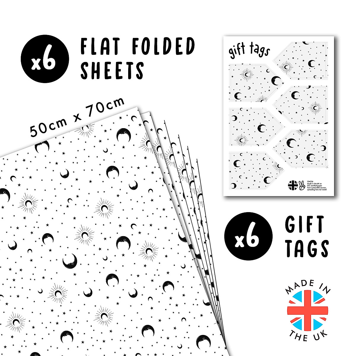 CENTRAL 23 - White Wrapping Paper - 6 Sheets of Monochrome Gift Wrap - Moons and Stars - Birthday Wrap for Her - Birthday Wrapping Paper for Men and Women - Recyclable