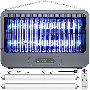 Electric Bug Zapper Indoor, 3500V Fruit Fly Traps for Indoors Home, Fly Zapper Mosquito Trap with Double-Sided Grid and Timer Remote, 2 Extra Blubs (Grey)