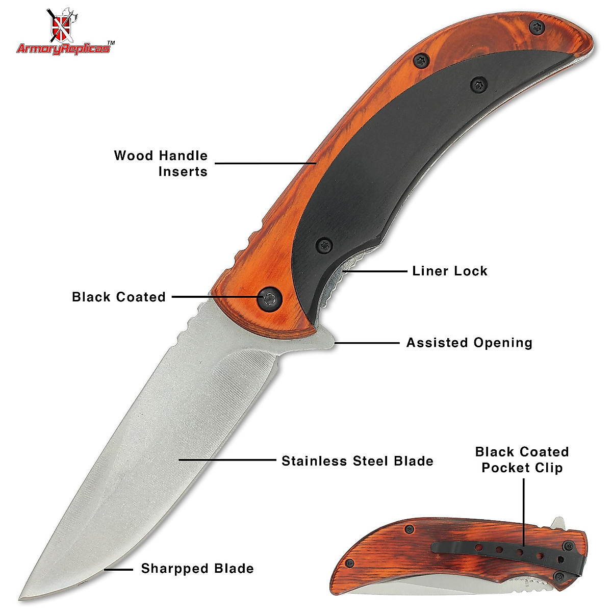 Armory Replicas Ash Woods Spring Assisted Pocket Knife - Durable Stainless Steel Blade, Wooden Handle, Liner Locking Mechanism