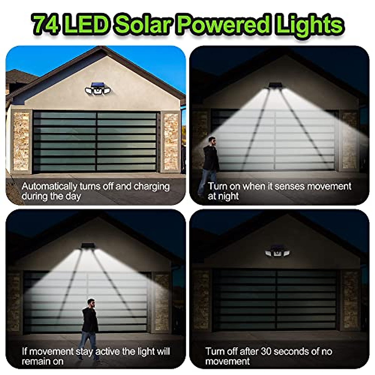 kuujojo Solar Lights Outdoor Garden, 2 Pack 74 LED / 3 Modes 270° Wide Angle Motion Sensor Outdoor Lights, IP65 Waterproof Solar Outdoor Lights, Security Flood Light for Patio Yard and Garage