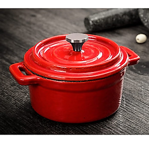 HAWOK Enameled Cast Iron Mini Round Cocotte Set, 0.3QT Mini Dutch Ovens with Lids and Bamboo Trays, 270ml/9.13oz/1.08cups, Set of 2, Red