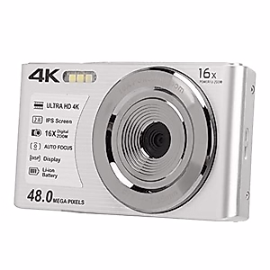 Compact Camera, 48MP Image Resolution Built in Fill Light Compatible 256GB Memory Card Rechargeable Lithium Ion Battery 4K Digital Camera for(Silver)
