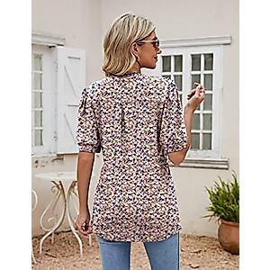 Womens V Neck Shirts Short Sleeve Summer Tops Puff Pleated Casual Tunic Blouses Floral Pink XXL