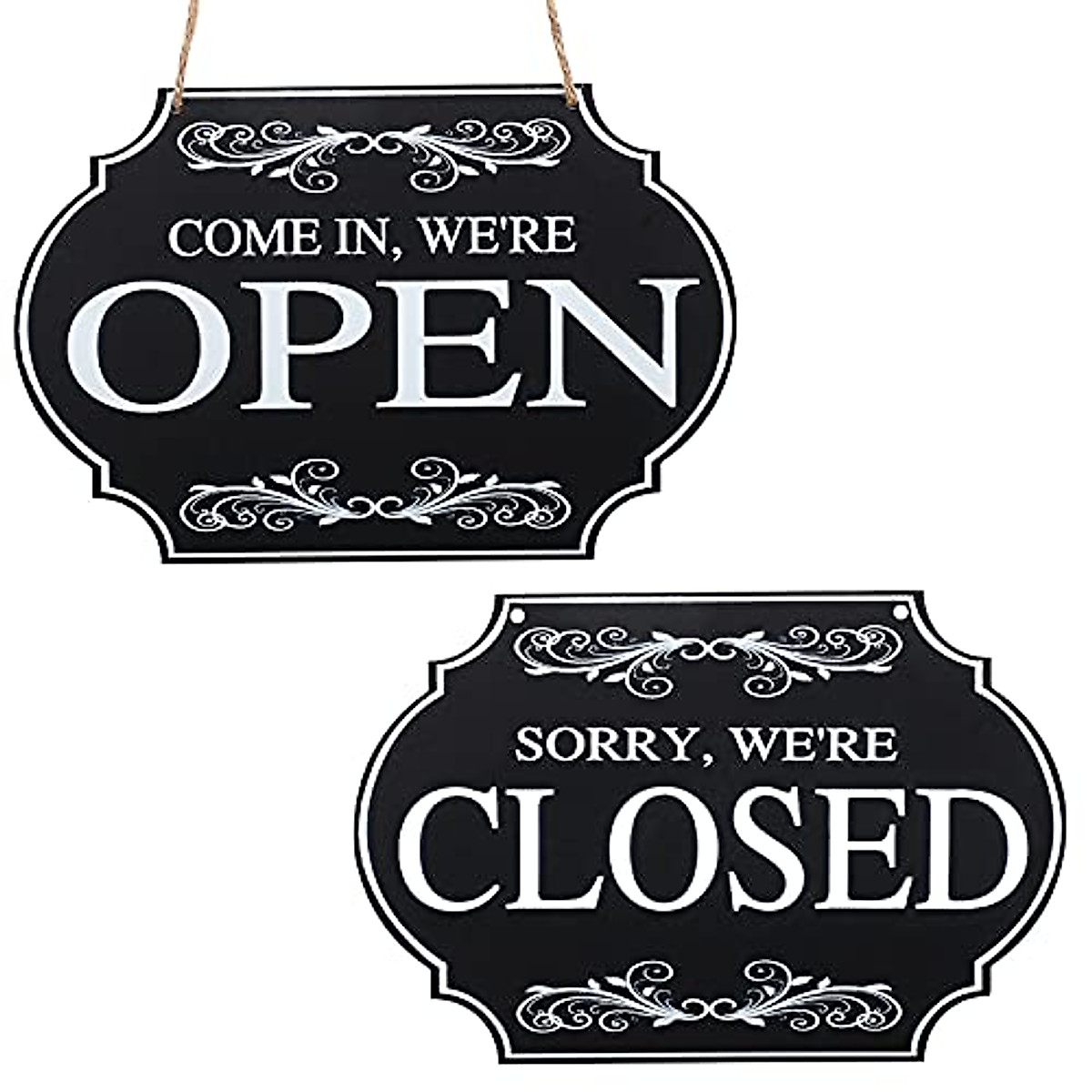 Rustic Wooden Store Open and Closed Business Sign Two Sided Reversible Come In We're Open or Closed Store Hanging Sign for Coffee Bar Shop Door Window, 11.8 x 7.8 Inch (Black Board, White Words)