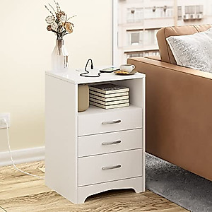 White Nightstand with Charging Station, Nightstands and Modern End Side Table with 3 Drawer, Wooden Cabinet Stand by Sofa, Bedside Tables for Bedroom with USB Ports Outlet & Open Storage