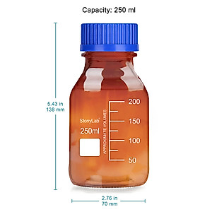stonylab Storage Bottles with GL45 Screw Cap, 250 ml Amber Borosilicate Glass Graduated Round Storage Bottle for Lab Reagent Media Storage Bottles with Blue Screw Cap, 1 Pack