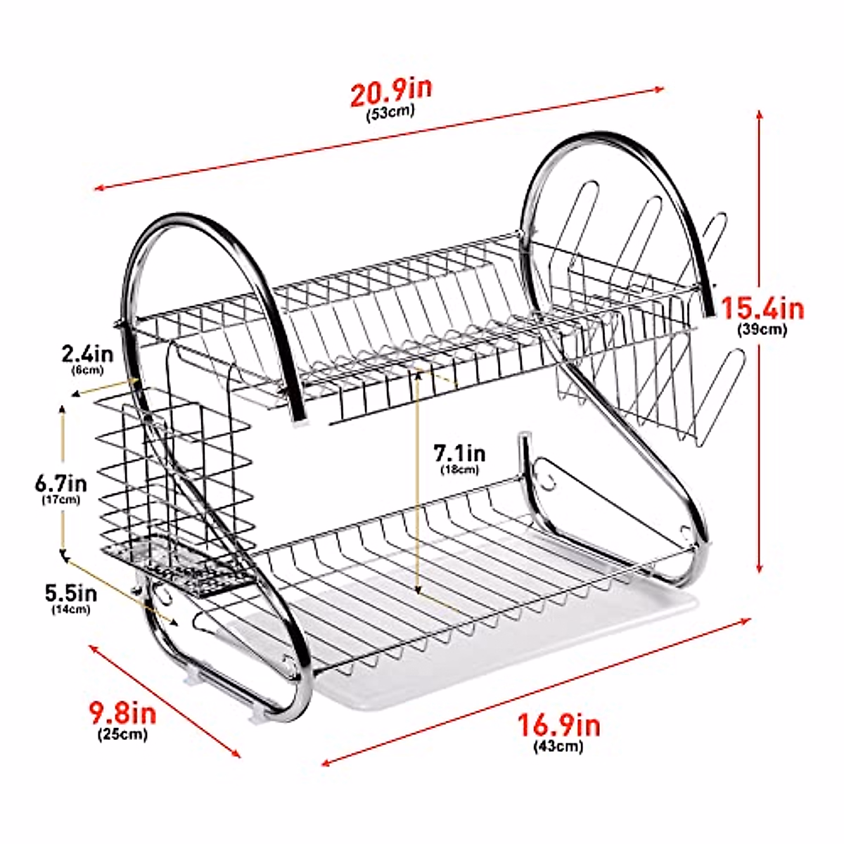 Zvonema Dish Drying Rack, Stainless Steel Dish Racks for Kitchen Counter, 2 Tier Small Dish Drainers with Drainboard & Removable Utensil Holder, Space Saving Dish Rack, Silver