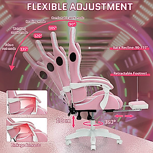 HOFFREE Pink Gaming Chair with Bluetooth Speakers and LED RGB Lights Cute Ergonomic Massage Computer Gaming Chair with Footrest High Back Video Game Chair with Lumbar Support Pink and White