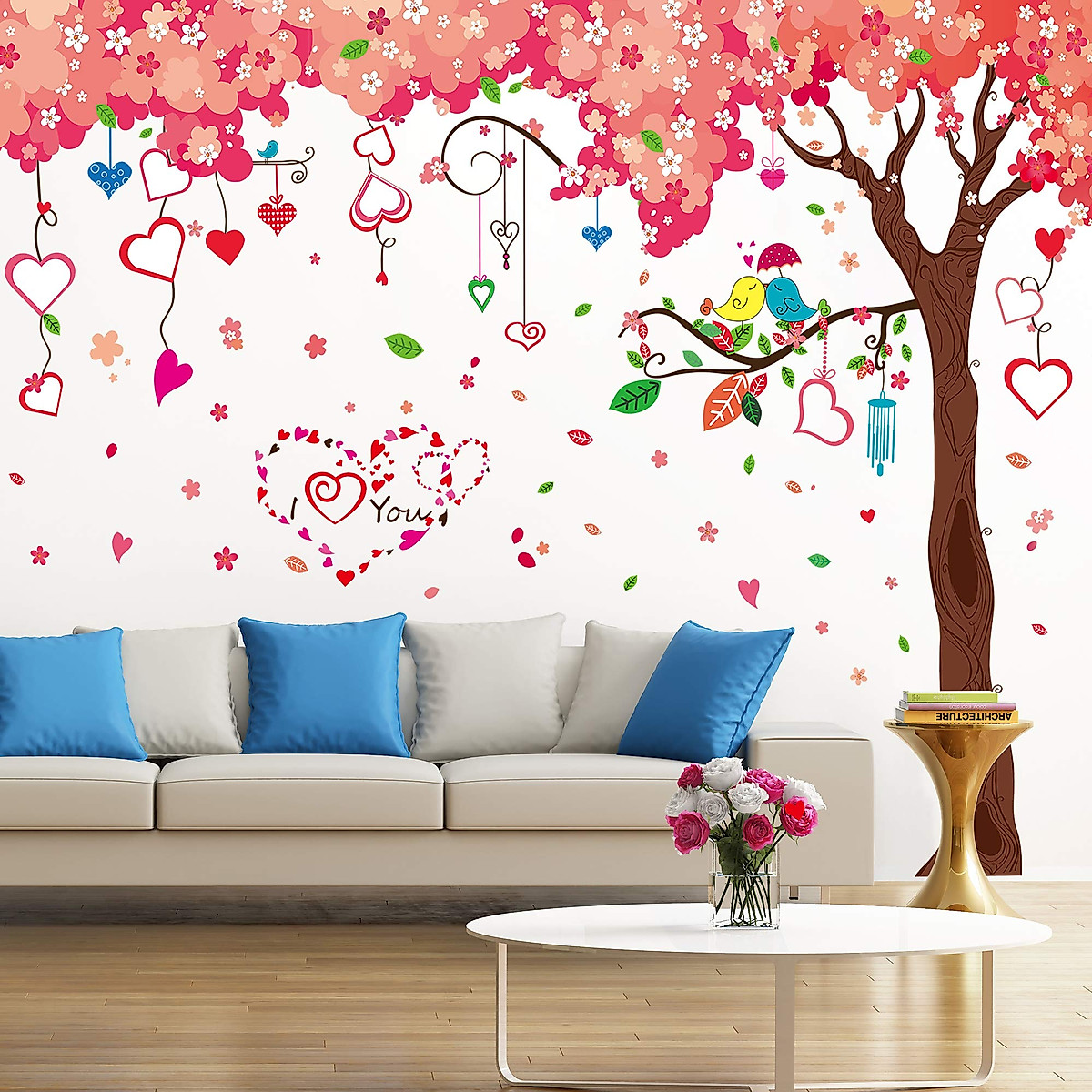Giant Huge Pink Cherry Tree Wall Decals Cute Cartoon Removable Large Tree Lovely Heart Shape Wall Sticker Peel Stick for Kids Girls Bedroom Livingroom TV Background