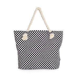 Premium Large Black & White Checkered Print Canvas Tote Shoulder Bag Handbag