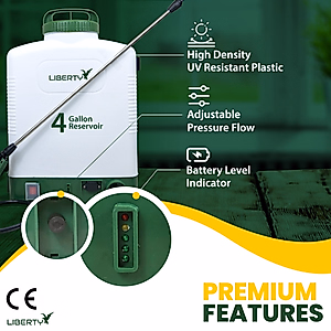 Liberty 4 Gallon, Battery Powered, Professional Grade, Backpack Electric Sprayer with Long Life Battery and Multiple Nozzles