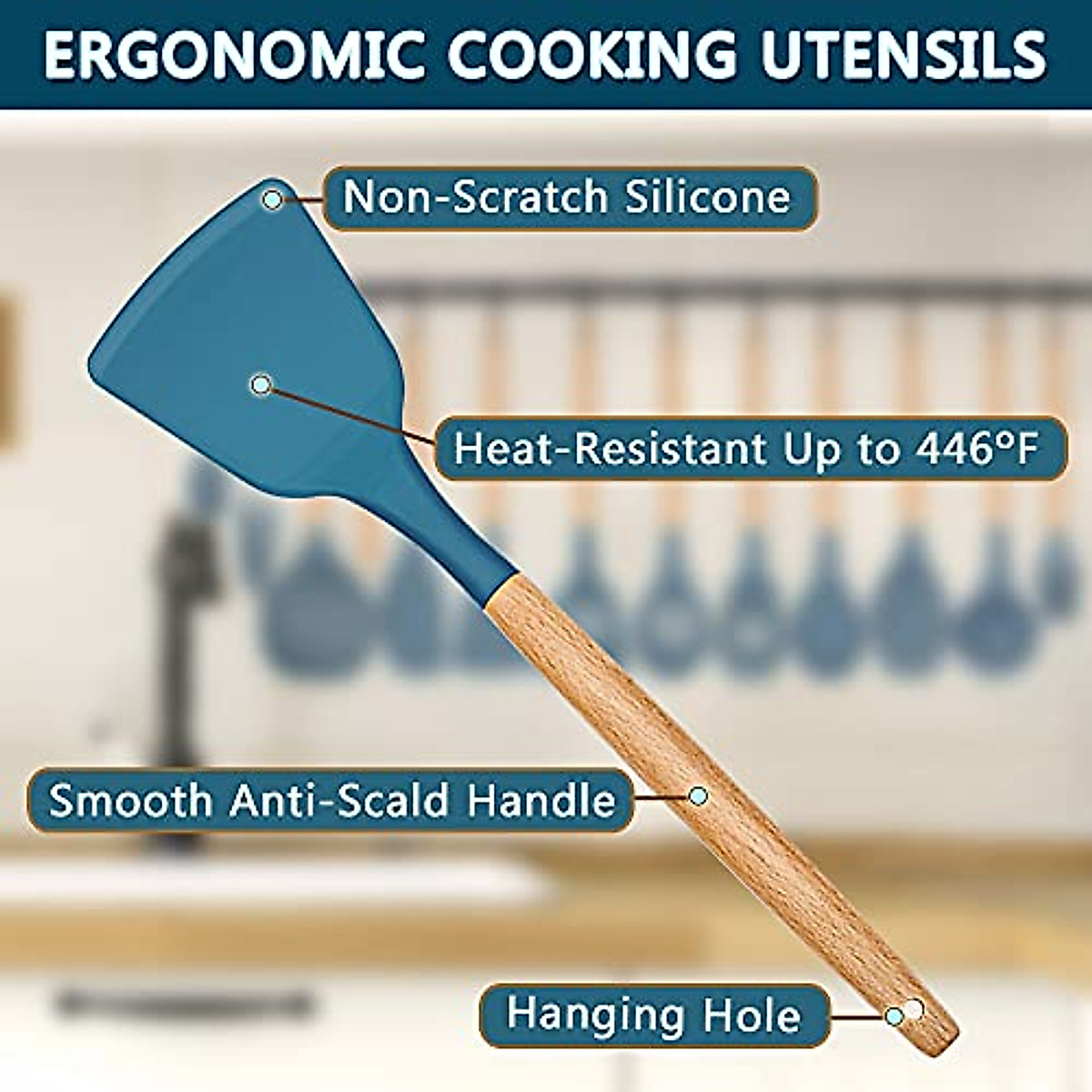 Leonyo 14 PCS Kitchen Cooking Utensils Set with Holder, Silicone Kitchen Gadgets Spatula Set for Nonstick Cookware, Cooking Tools with Tongs, Spoons, Spatulas, Turners, Ladles, Wooden Handle, Blue