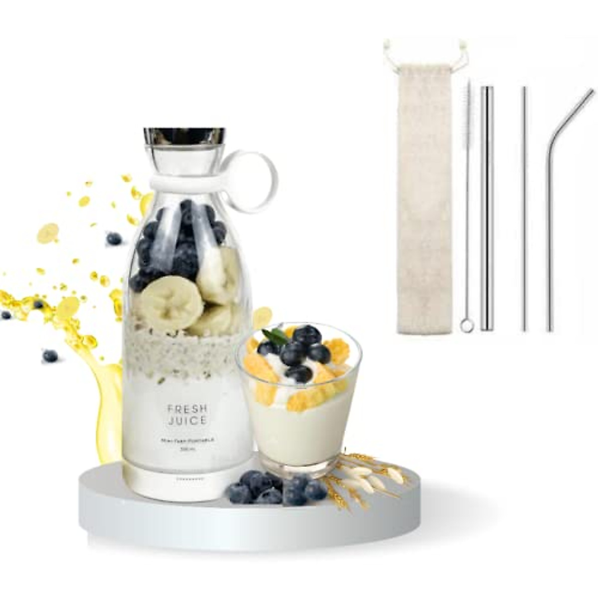 Mini Personal Size Blender, Portable Blender Bottle, Mini Rechargeable Blender, USB Charged Blender, 3 Reusable Aluminium Straw, 1 Straw Cleaner, 1 Straw Carrying Bag, White