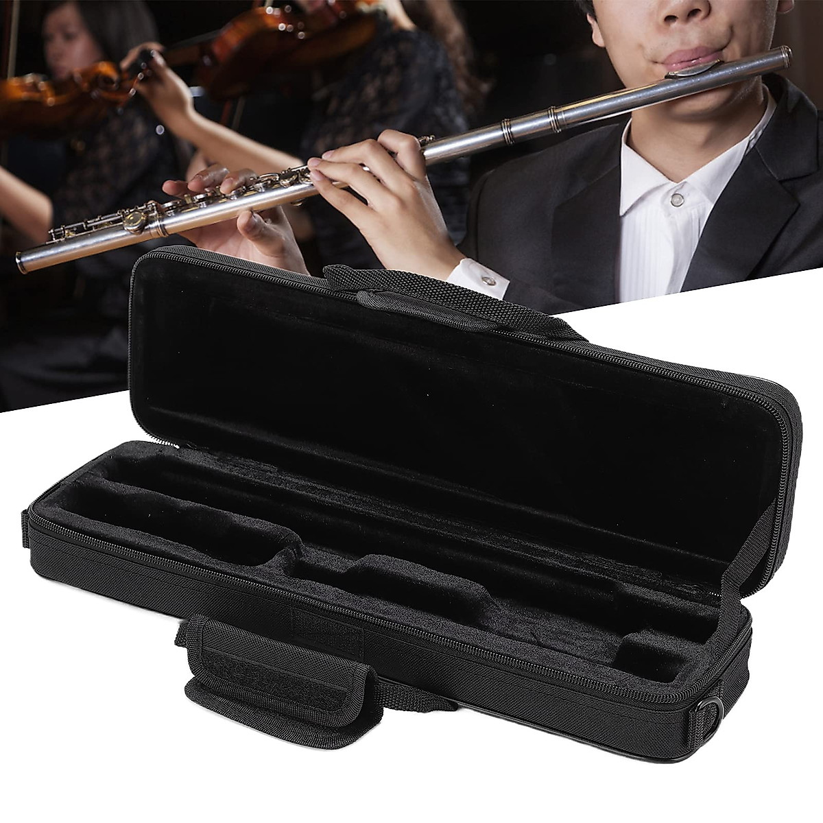 Flute Carry Case with Adjustable Strap and Handle - Padded Instrument Case for 16-Hole Flute - Exterior Pocket (Black)
