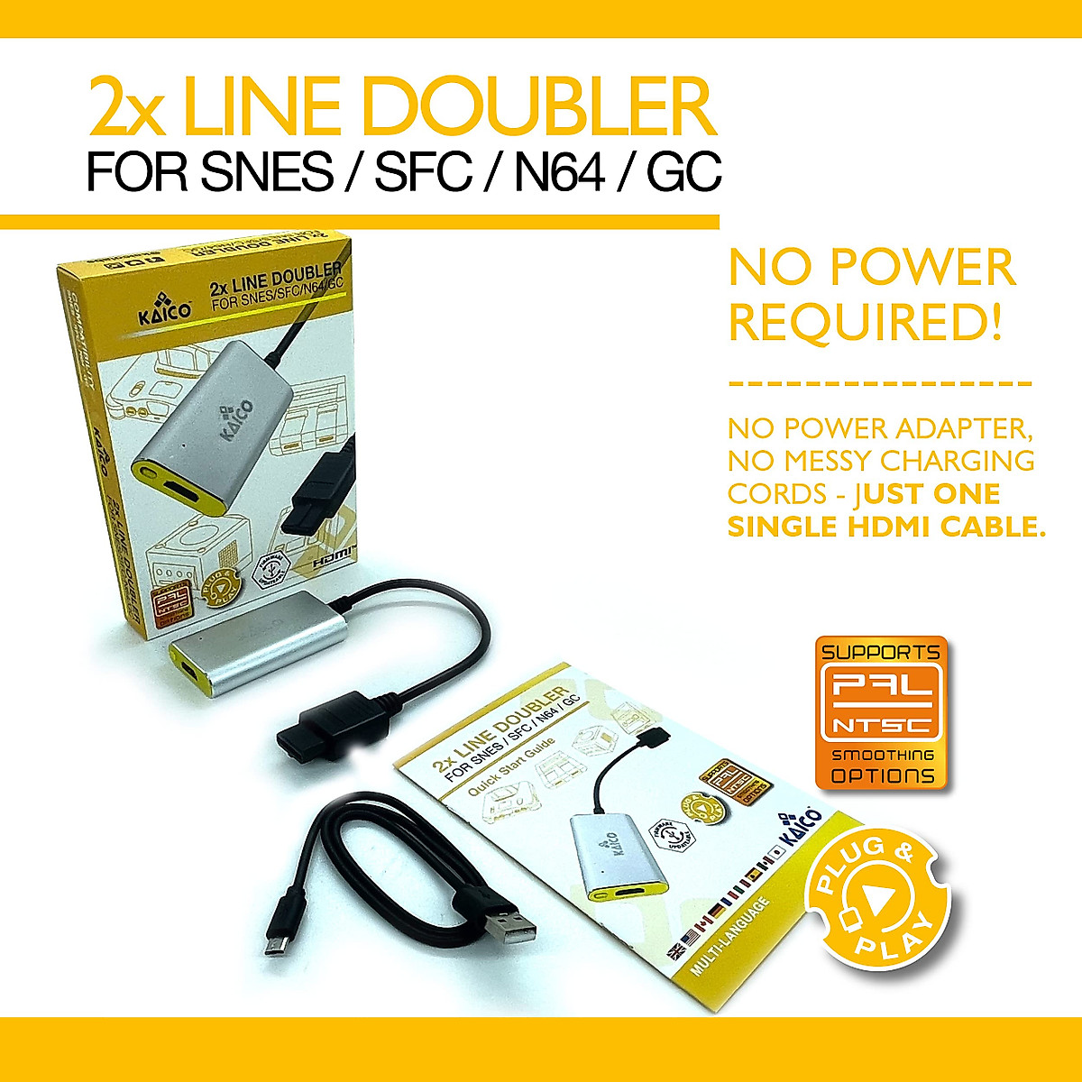 Kaico Nintendo 64 HDMI Adapter, N64 to hdmi for Nintendo 64 Super Nintendo, Super Famicom and Gamecube - Supports 2X Line-Doubling - A Simple Plug & Play for Nintendo 64, GC and SNES HDMI Adapter