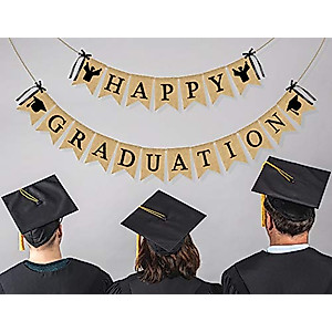 JOZON Happy Graduation Burlap Banner Jute Graduation Bunting Banner Garland 2021 Graduation Decorations Grad Party Decor for College, Senior, High School Party Supplies