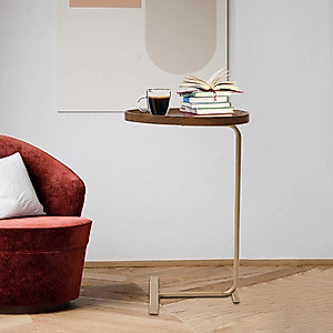 C-Shaped End Table, Small Side End Table for Sofa, Snack Drink TV Tray, Couch Table for Living Room Bedroom, Bedside, Modern Simplicity, Metal and Wood
