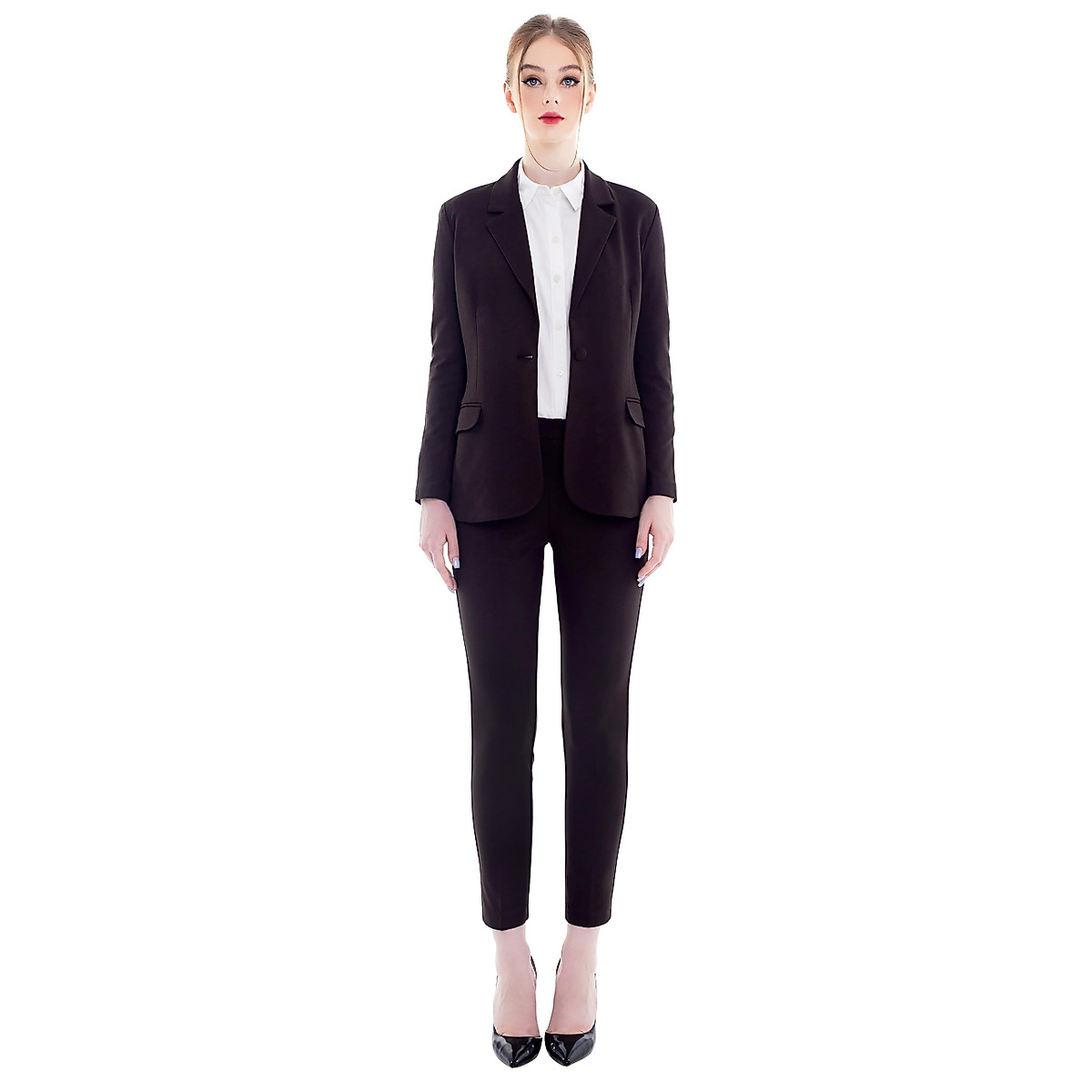 Marycrafts Women's Business Blazer Pant Suit Set for Work 12 Black Brown