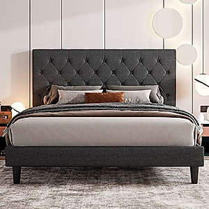 Allewie Queen Bed Frame with Adjustable Headboard/Diamond Stitched Button Tufted/Fabric Upholstered Platform Bed Frame/Wood Slat Support/No Box Spring Needed/Easy Assembly, Dark Grey