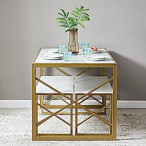 VECELO Kitchen Table with 2 Benches for 6,Wood Dining Room Dinette Sets with Metal Frame for Breakfast Nook and Small Space, 55", White&Gold