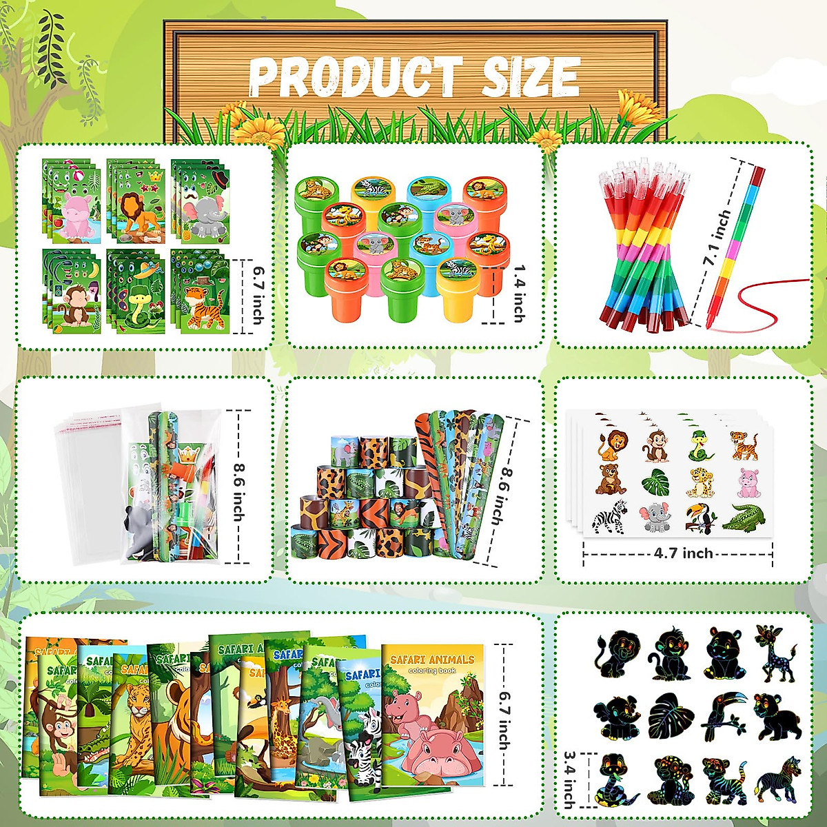 BenLouis 96Pcs Jungle Safari Party Favors Zoo Animals Coloring Books Crayons Sticker Stampers Slap Bracelets Set Bulk Classroom Prizes for Kids Wild One Party Baby Shower Goodie Bags Fillers