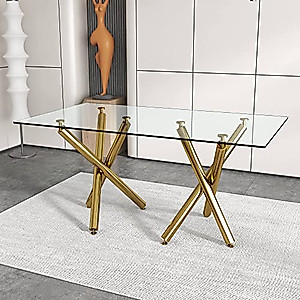 71" Glass Dining Table for 6-8, Large Modern Rectangular Dinner Table with 0.39" Tempered Glass Tabletop and Gold Chrome Metal Legs, Simplistic Kitchen