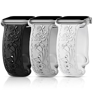 3 Packs Floral Engraved Bands Compatible with Apple Watch Band 40 44 38 42 41 45 46 49mm, Embossed Rose Strap for iWatch Series 10 9 8 7 SE 6 5 4 3 2,38Bwg
