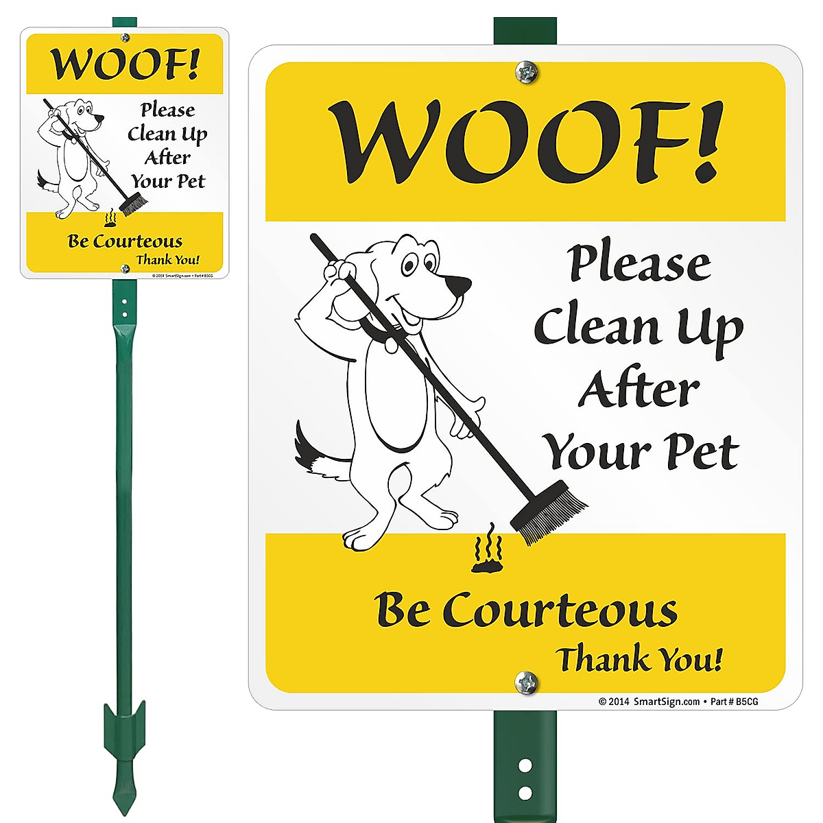 SmartSign 12" x 10" 'Woof Please Clean Up After Your Pet, Be Courteous, Thank You' Lawn Yard Sign with 3 ft Stake, 40 mil Laminated Aluminum, Yellow, Black and White, Set of 1, USA-Made