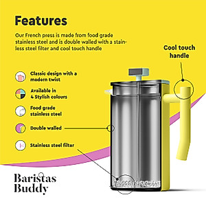 BaristasBuddy Yellow French Press Coffee Maker - Colorful, Retro And Stylish Insulated Coffee Brewer - Large Size Brews 4 Cups