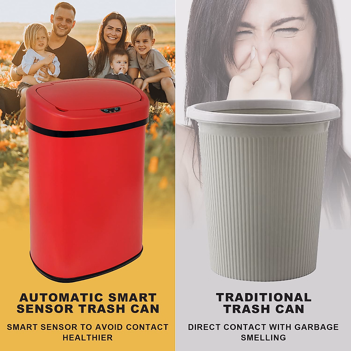 HCY Kitchen Trash Can 13 Gallon Automatic Metal Garbage Can Stainless Steel Waste Bin with Lid Smart for Kitchen,Office,Living Room,Bathroom(Red), 16 inches(L)x11 inches(W)x25 inches(H)