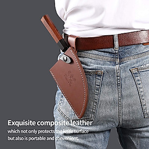 FAMCÜTE 6.5 inch Butcher Knife, 3 Layer 9CR18MOV Clad Steel w/octagon Handle Serbian Meat Cleaver Knife with Leather Knife Sheath