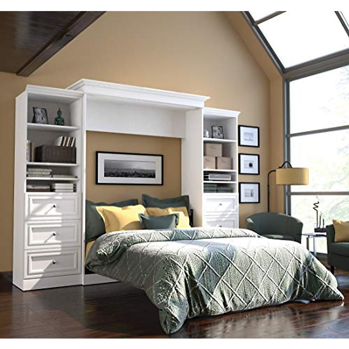 Bestar Versatile Queen Murphy Bed and 2 Shelving Units with Drawers (115W) in White