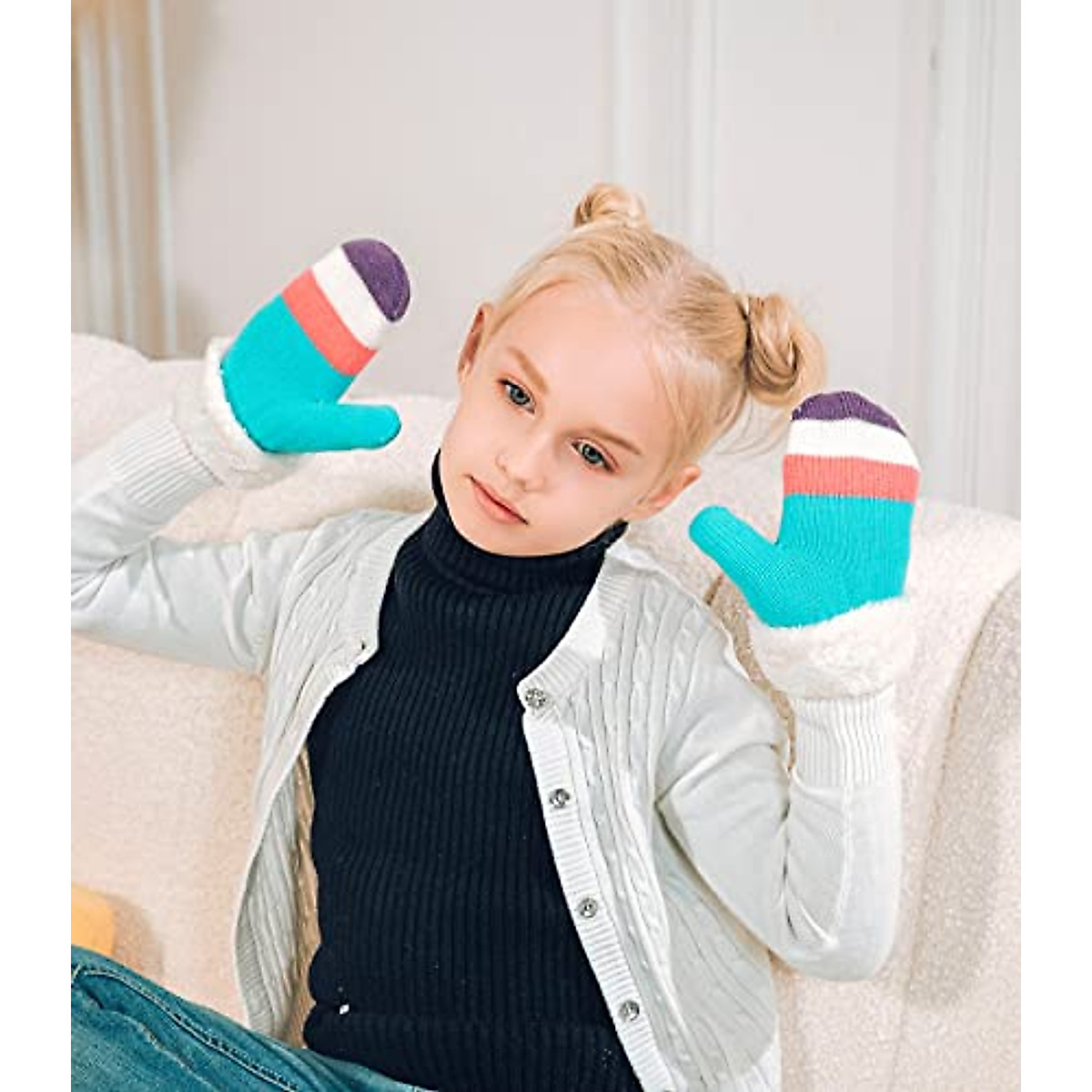 Arctic Paw Kids Gloves Winter Infant Mittens Boys Mittens Outdoor Sherpa Lined Winter Mitten Gloves Black Toddler Mittens, Stripe Mixed