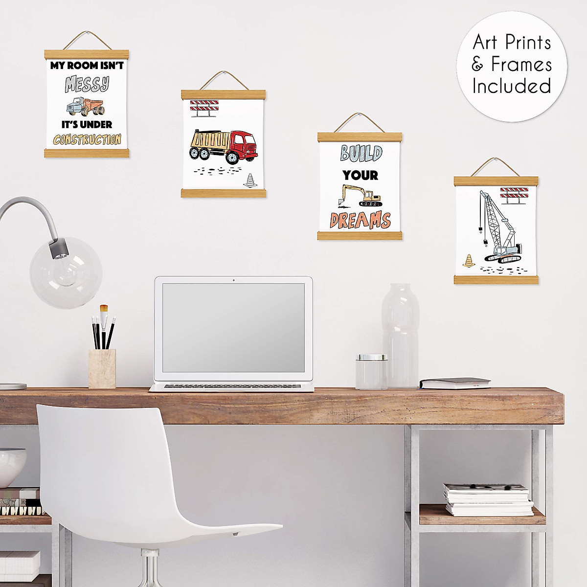 Framed Sweet Jojo Designs Construction Truck Wall Art Prints Room Decor for Baby, Nursery, and Kids - Set of 4 - Grey Yellow Orange Red and Blue Transportation with Wooden Hanging Magnetic Frames